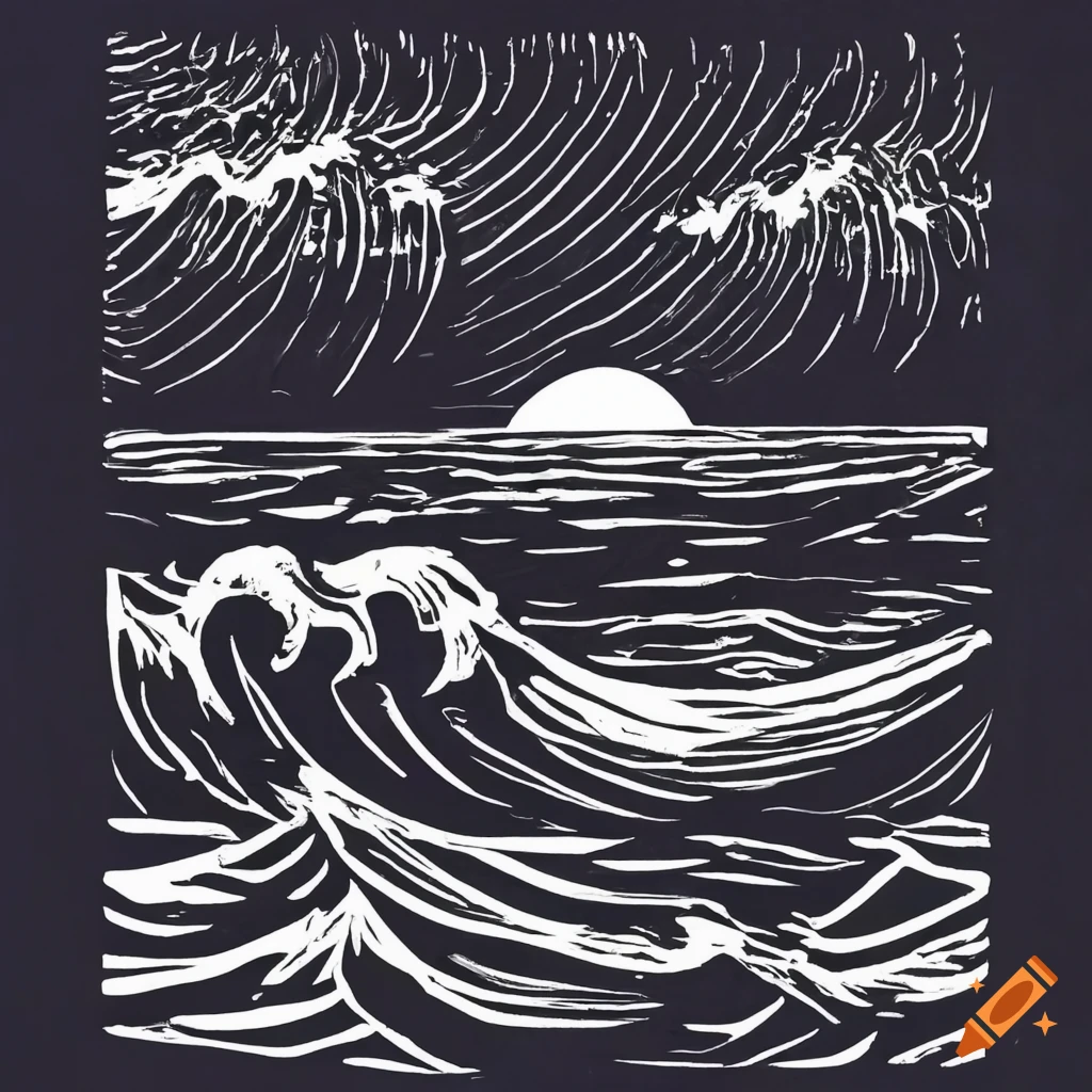 Powerful waves crashing against rocky cliffs in linocut style on Craiyon