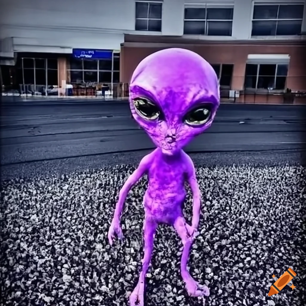 Purple alien outside of a store on Craiyon
