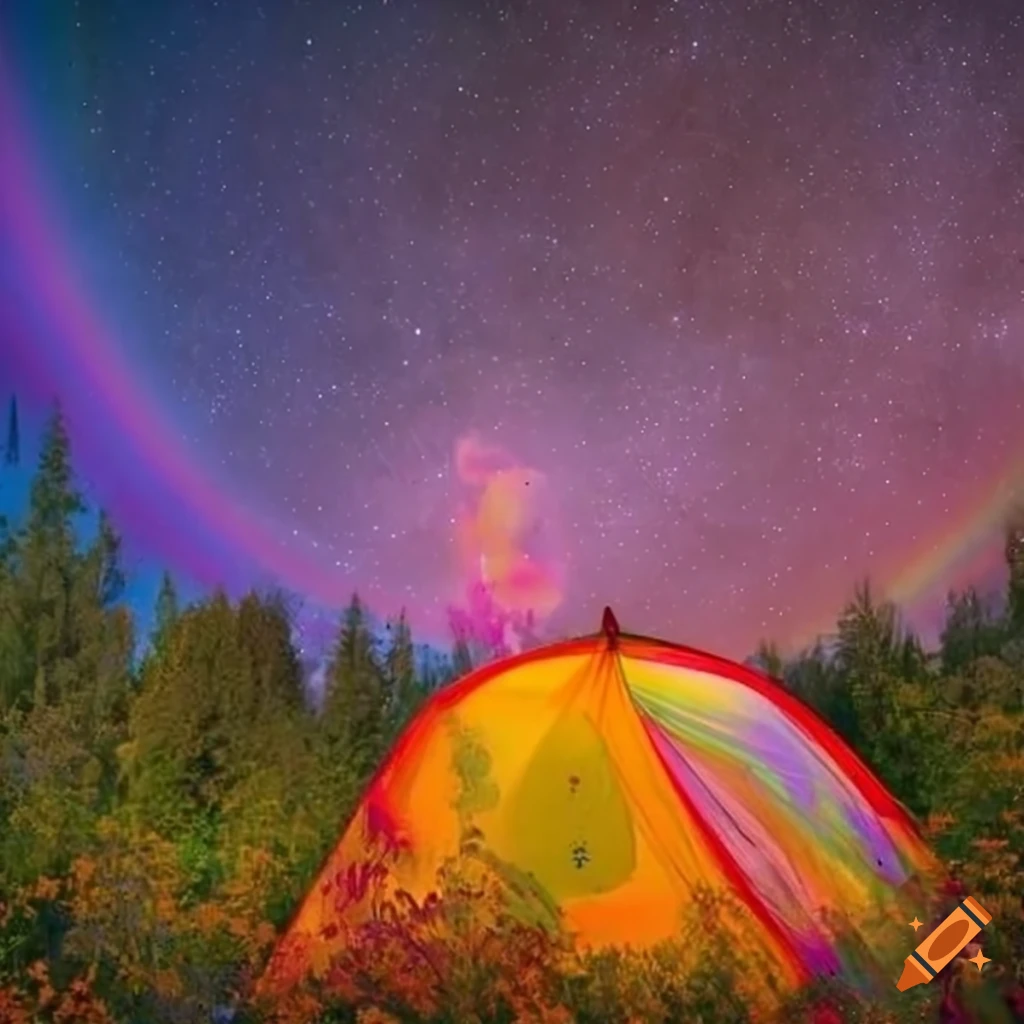 Surreal geometric tent beneath rainbow halo with stars and wildflowers ...