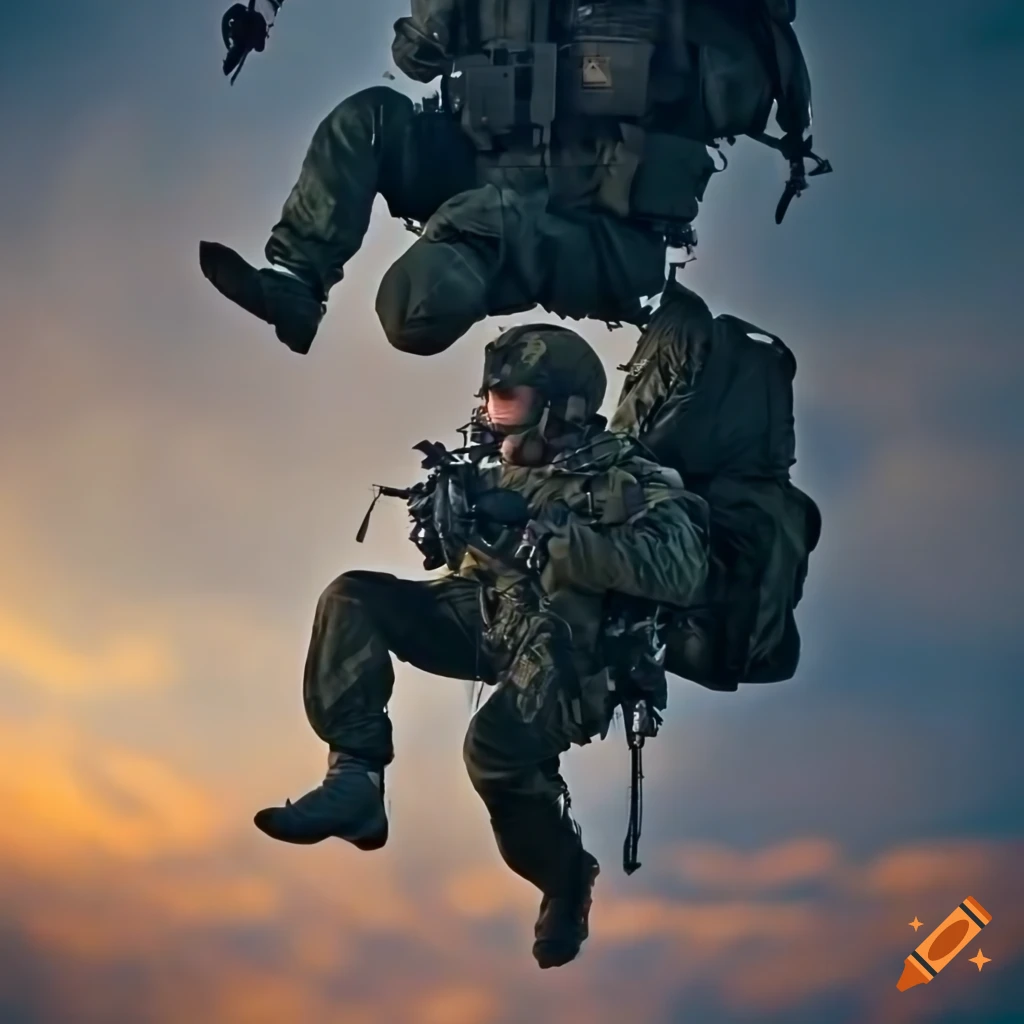 Special forces soldiers jumping out from a Chinook helicopter with ...