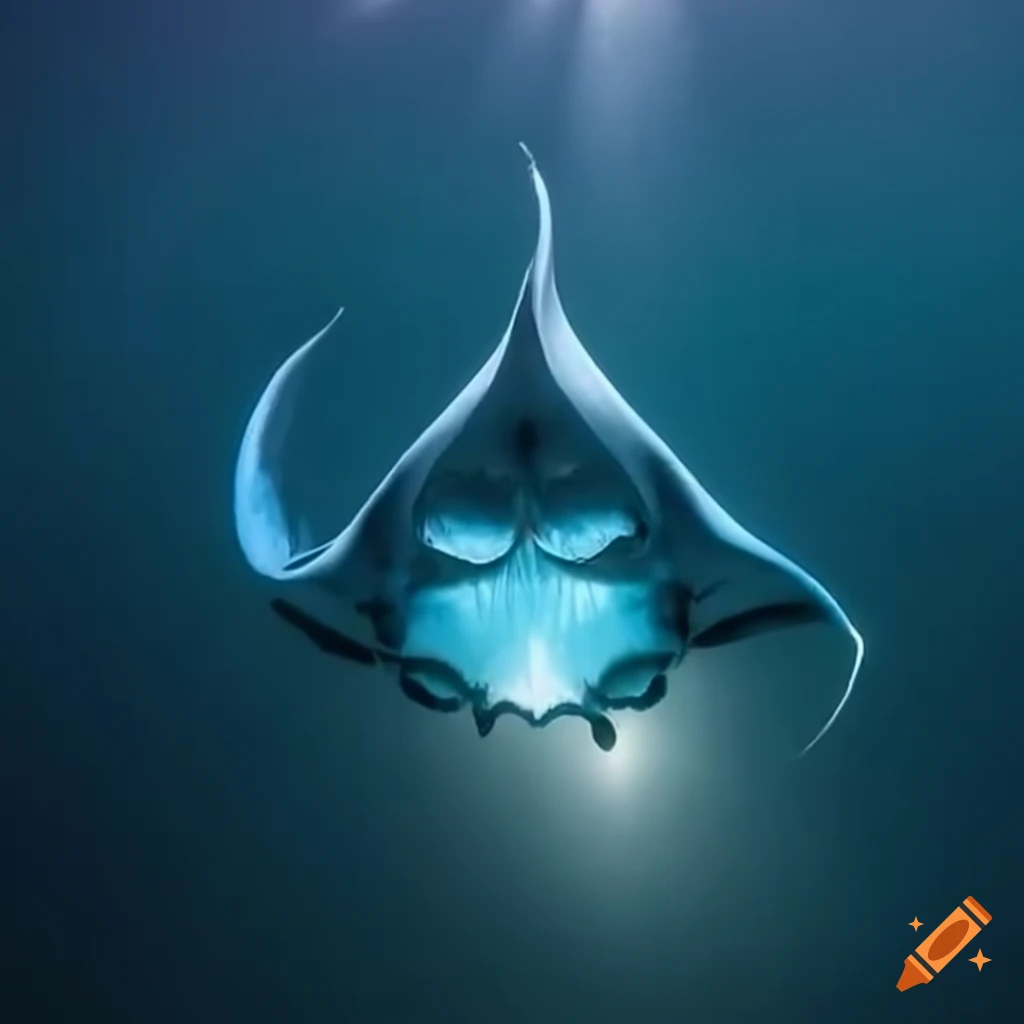 Mystical manta ray-like creature soaring over snow-capped mountains on ...