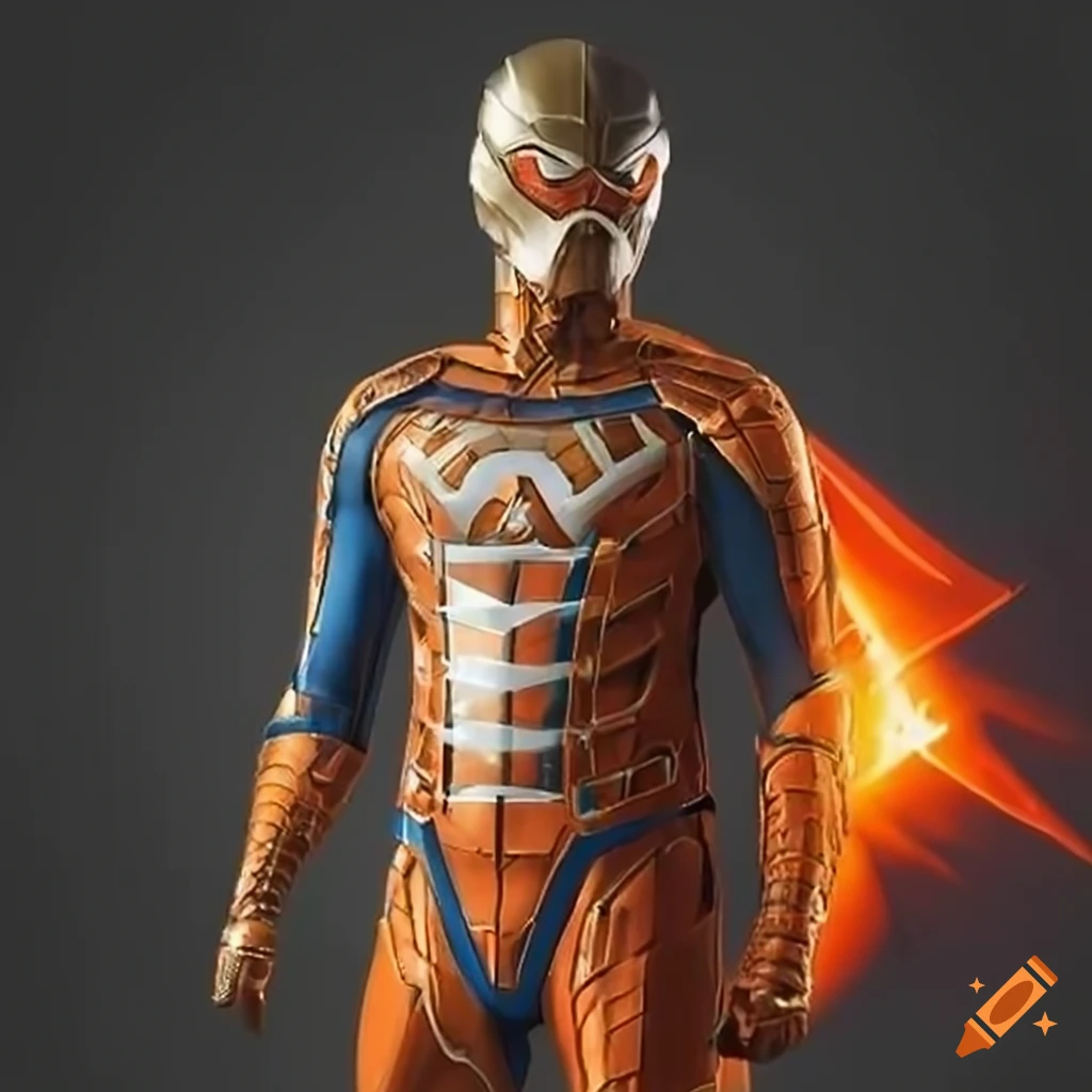 Superhero costume in orange and white with high-tech glowing helmet on ...