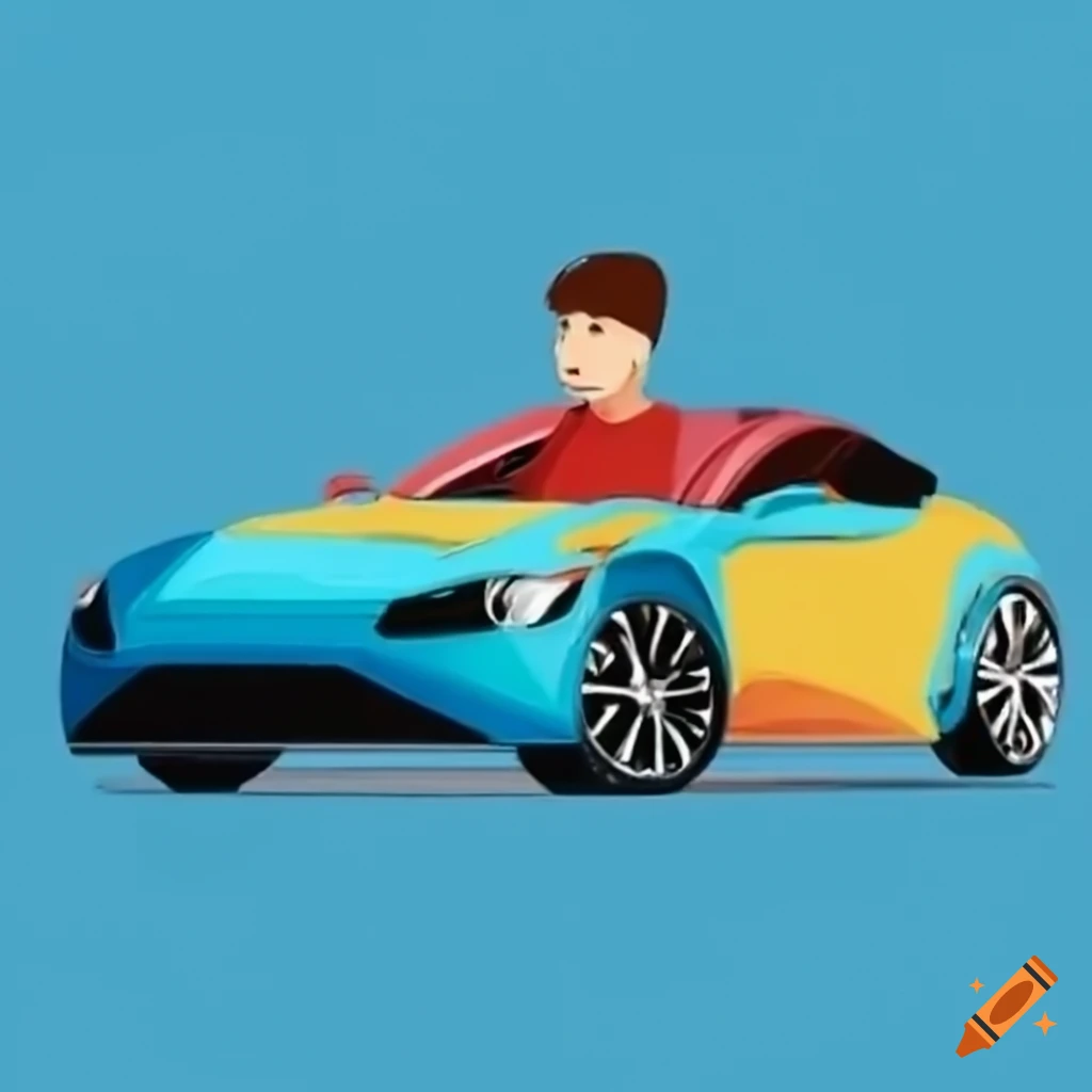 Handsome young man driving a blue sports car under clear sky on Craiyon