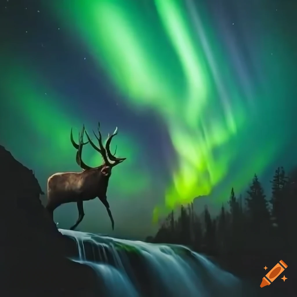 Northern lights over a waterfall with birch trees and mule deer buck on ...