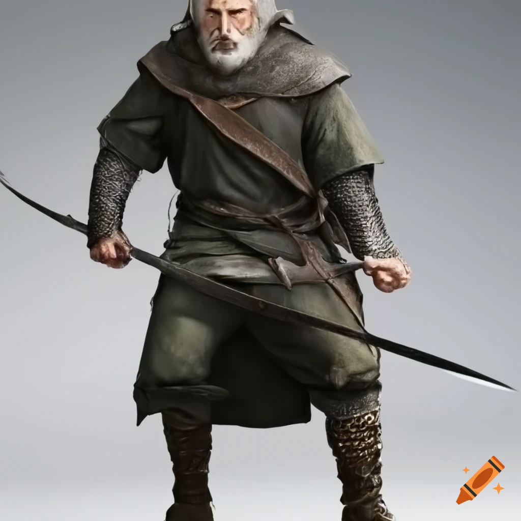 Gray-haired ranger with lance and metal chestplate in a fantasy setting ...