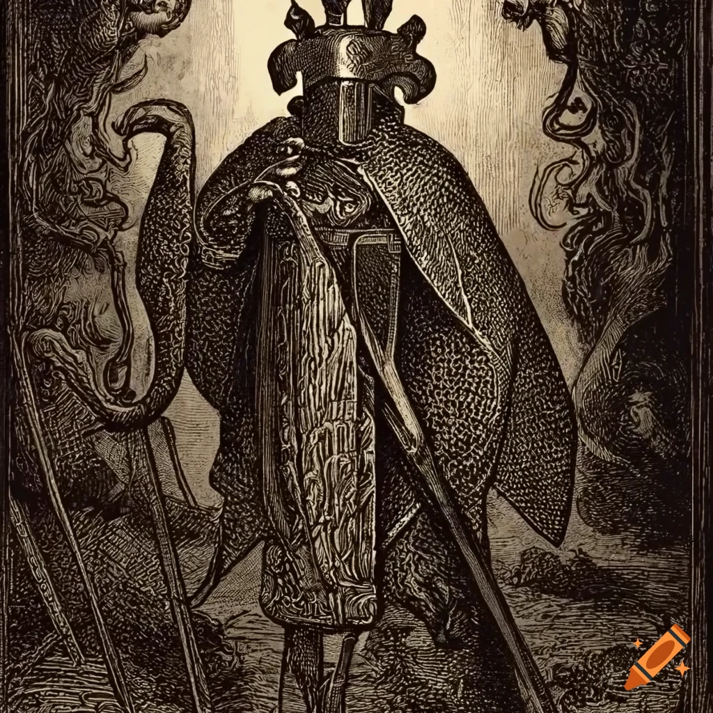 High-res engraving of a demon knight with shield and snake in black and ...