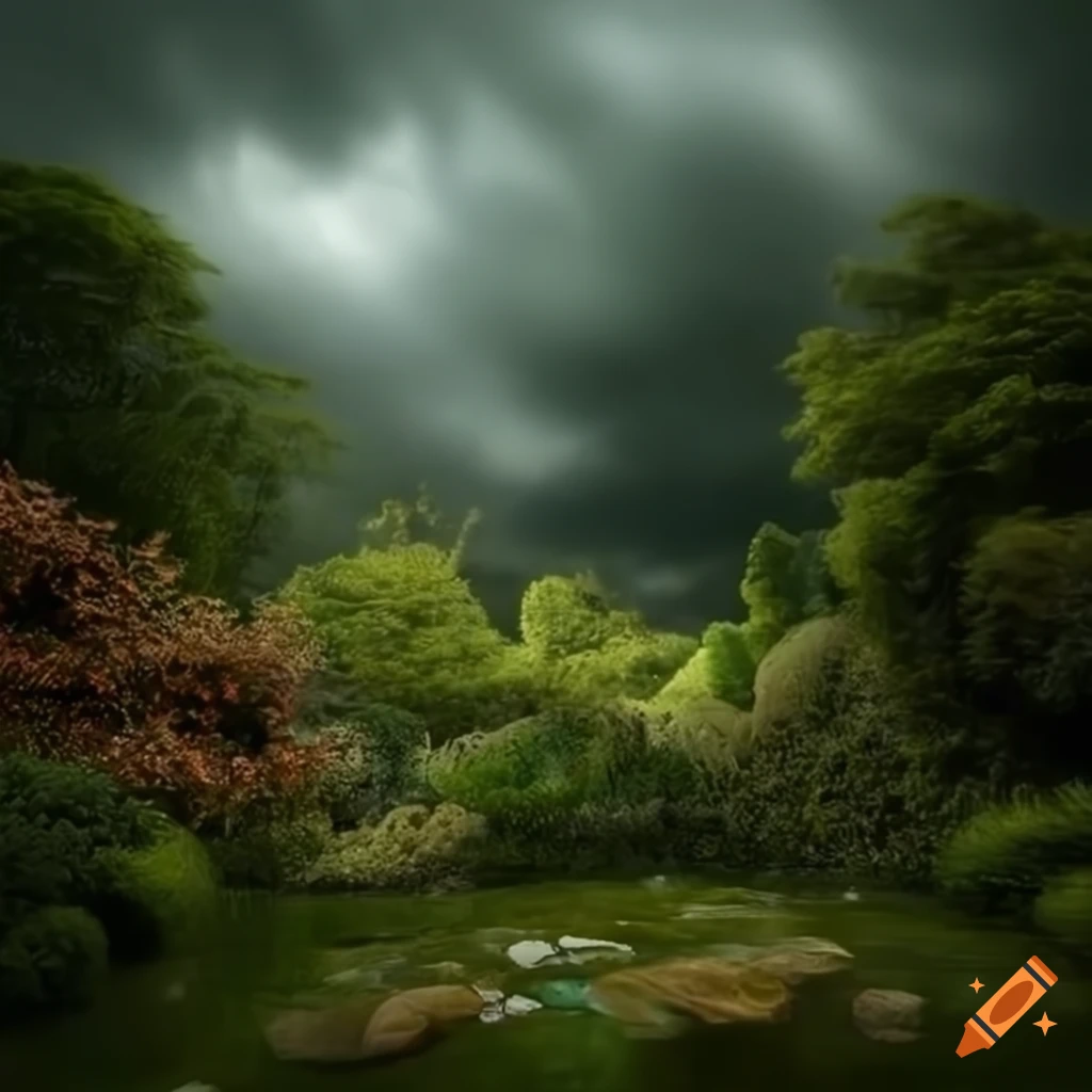 Mythical garden of eden under stormy skies on Craiyon