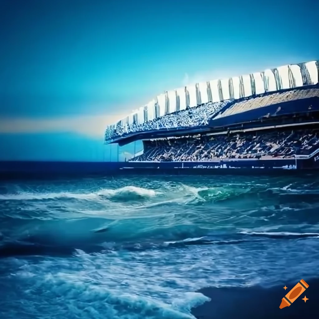 Yankee stadium in the ocean with waves and massive crowd on Craiyon