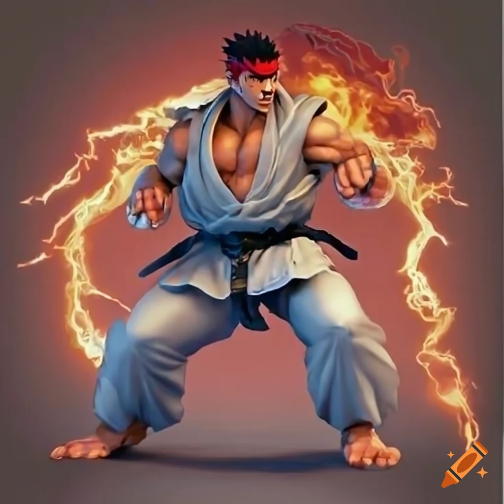 Ryu from street fighter in warrior pose with lightning fireball on Craiyon