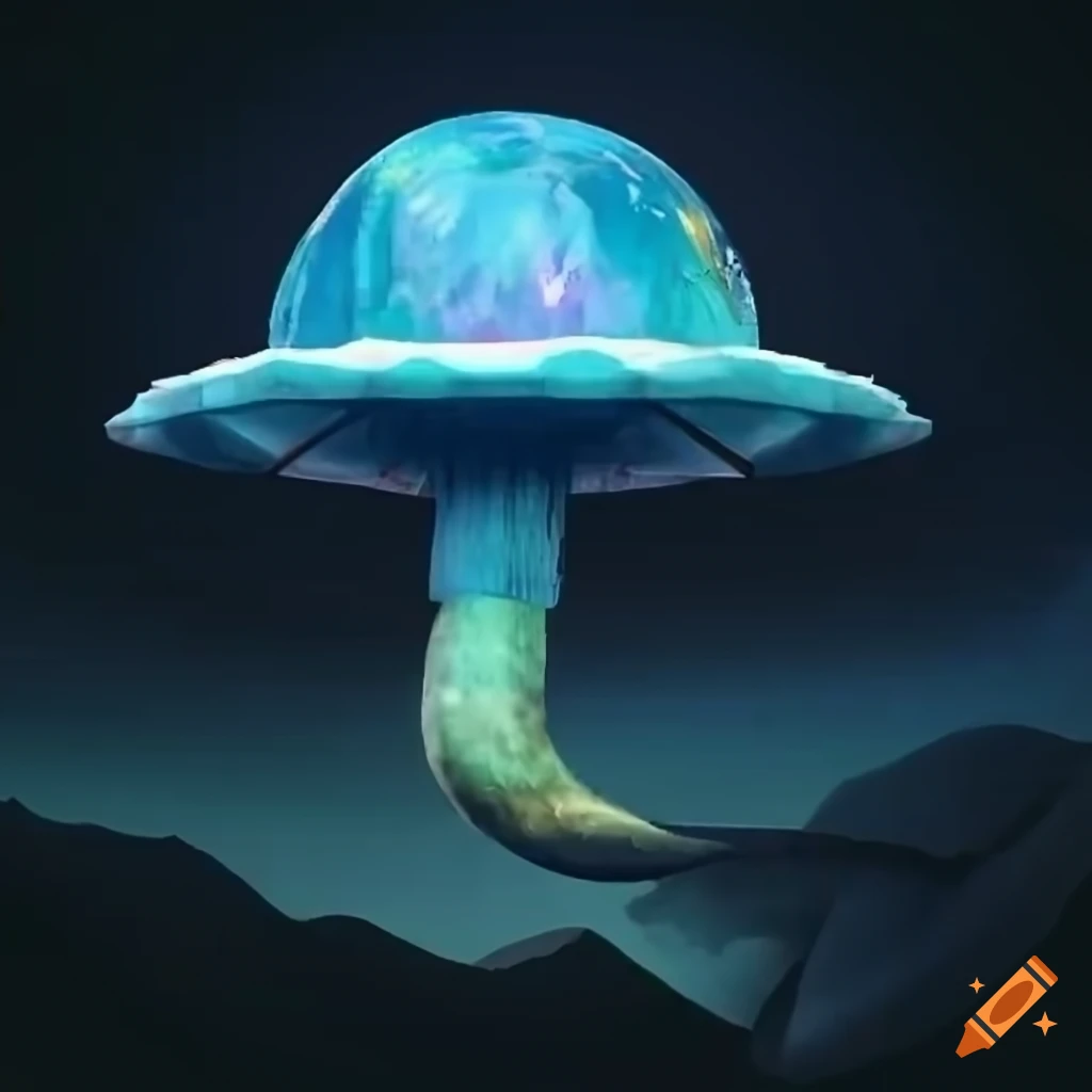 Sentient mushroom ufo in a kaleidoscopic time vortex meeting primordial ...