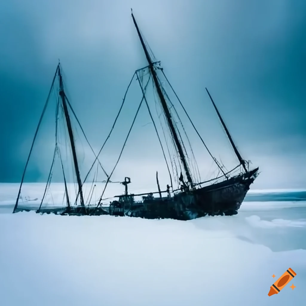 Sailing ship wreck stuck in the arctic amidst the snow on Craiyon
