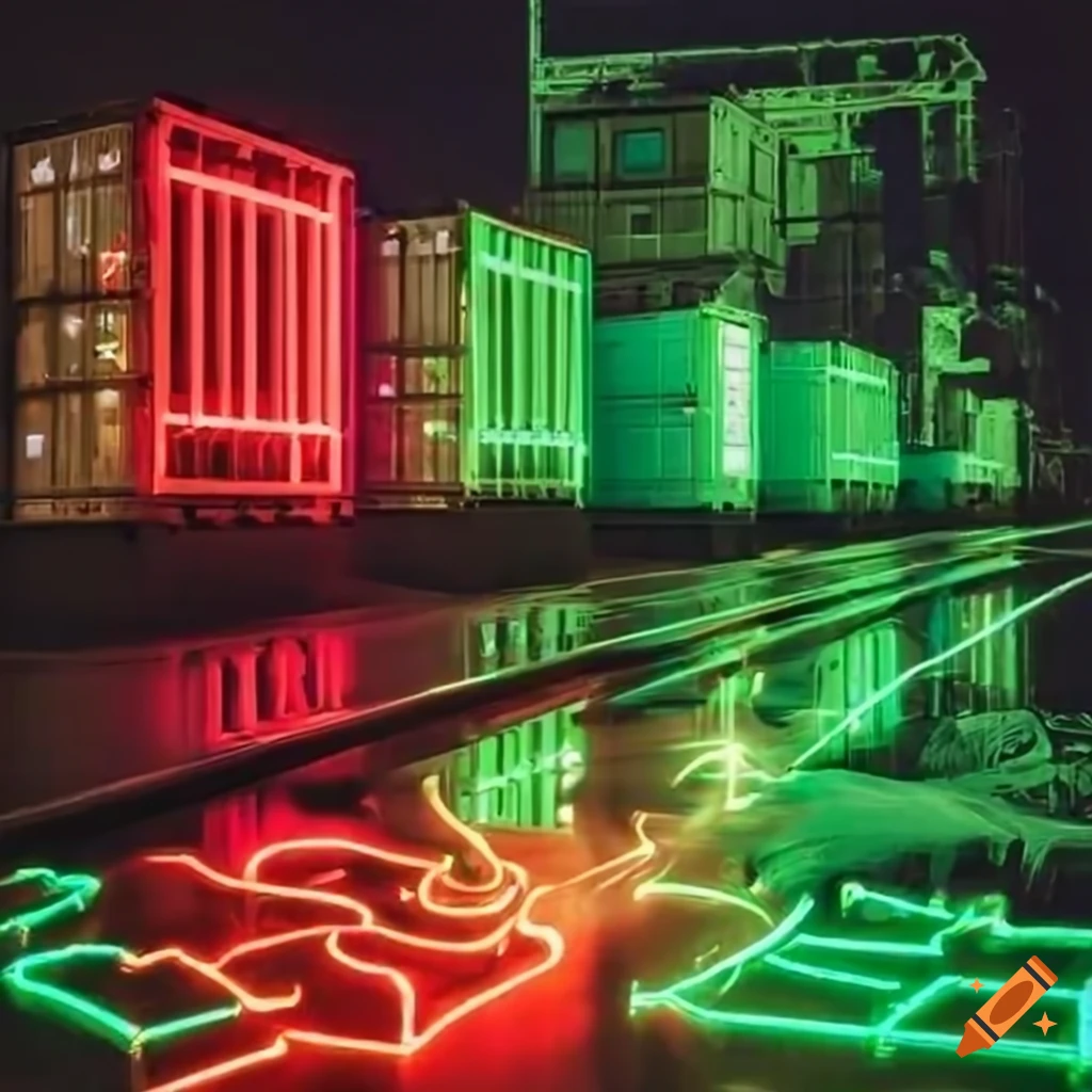 Container yard at night illuminated by neon lights with stacks of ...