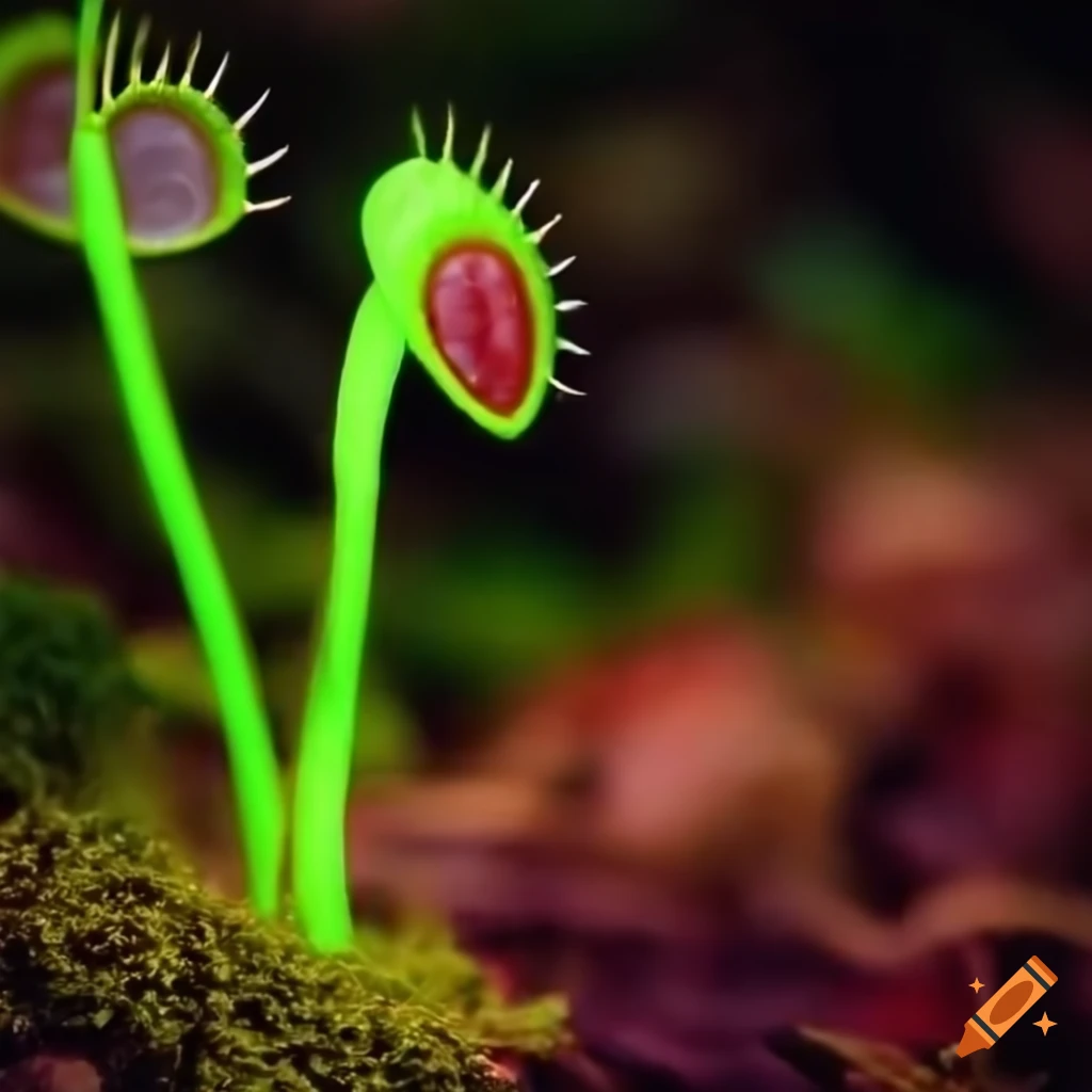 Glowing biopunk Venus flytrap creature in a moss-covered cityscape with cybernetic technology on ...