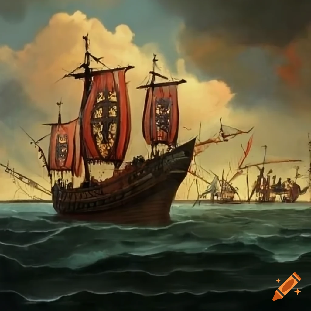 Spanish conquistadors on boats in 1521 on Craiyon