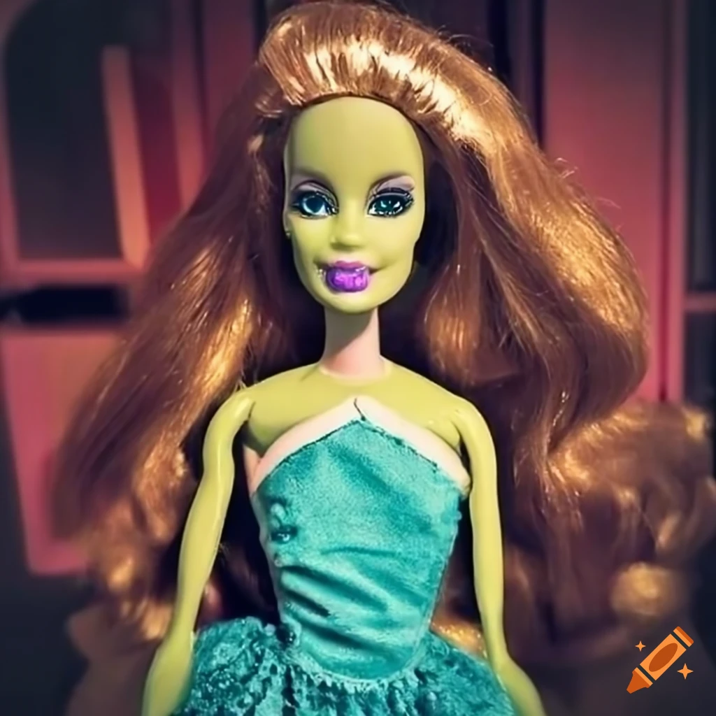 Spooky monster face and Barbie doll in a dark setting on Craiyon