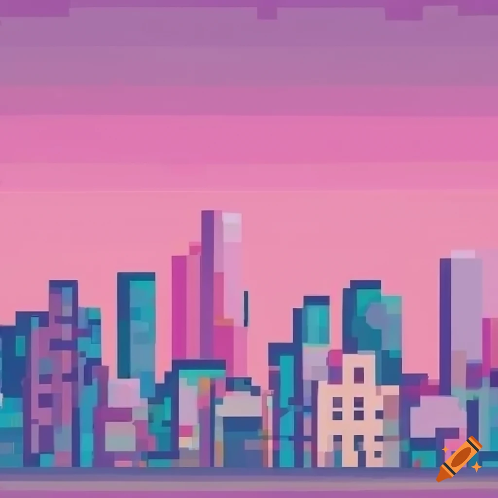 Detailed pastel pink pixel art of a distant city skyline on Craiyon