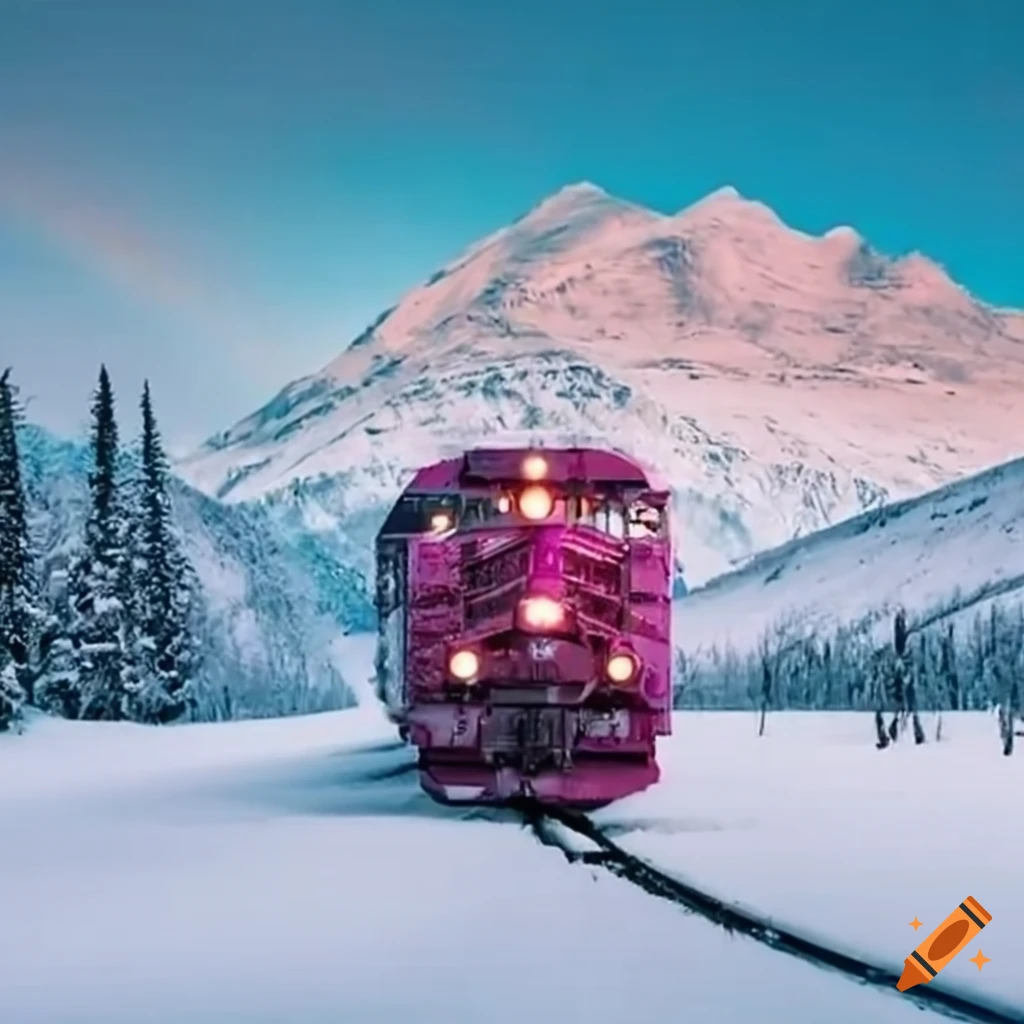 Un train rose traversant l'alaska dans la neige on Craiyon