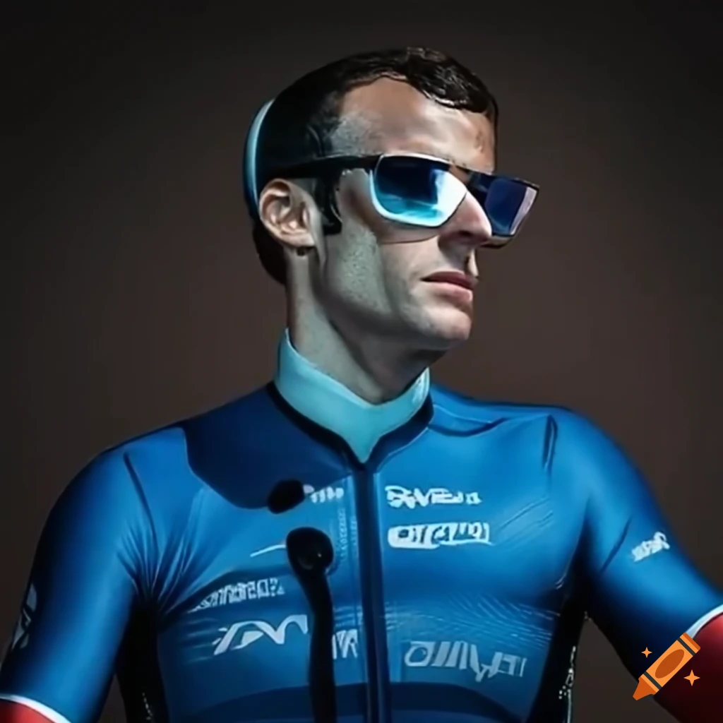 Emmanuel macron cycling with helmet and sports sunglasses on Craiyon