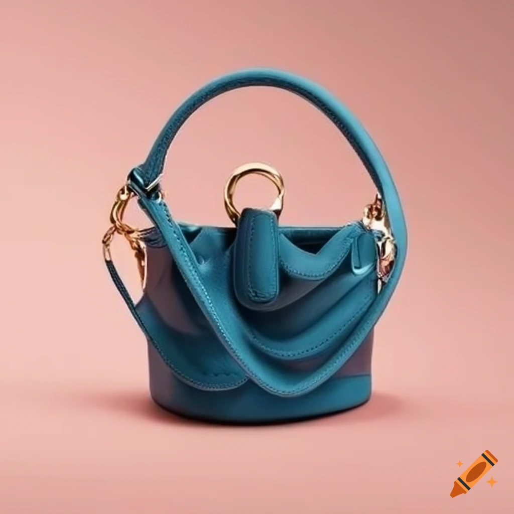 Bucket-shaped handbag with interlocking rings as strap on Craiyon