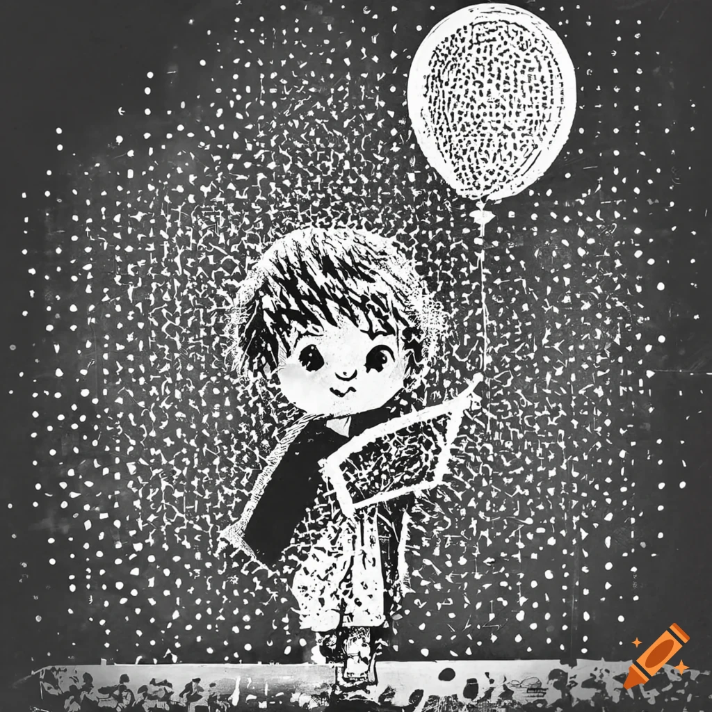 Newspaper style illustration of a child holding a balloon on Craiyon
