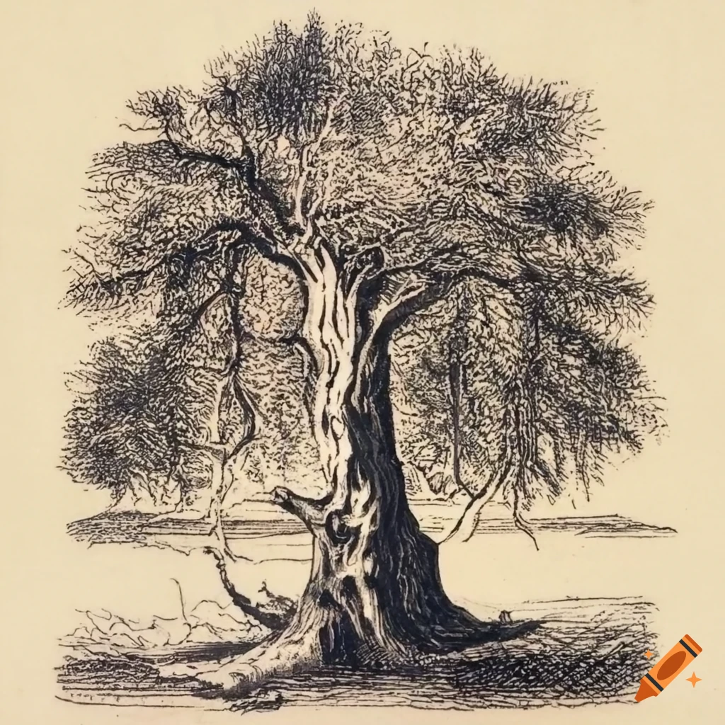 Pen and ink etching of a tree from the 1800s on Craiyon
