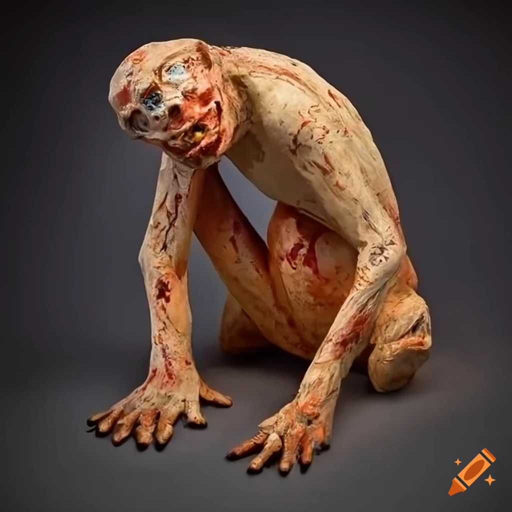 Studio lit craft papier-mâché crouching monster in a daytime scene on ...