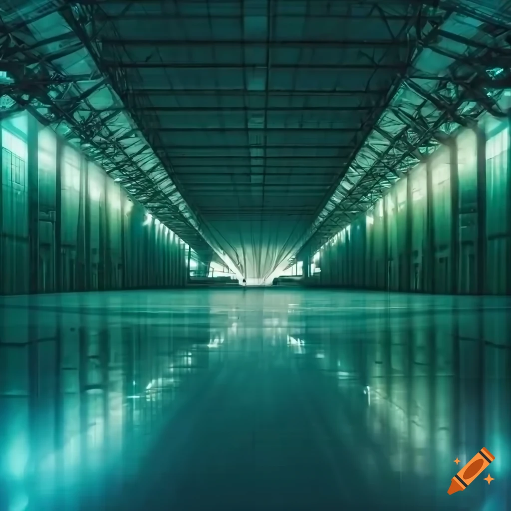 Empty hangar of an international airport with bright lights and a green ...
