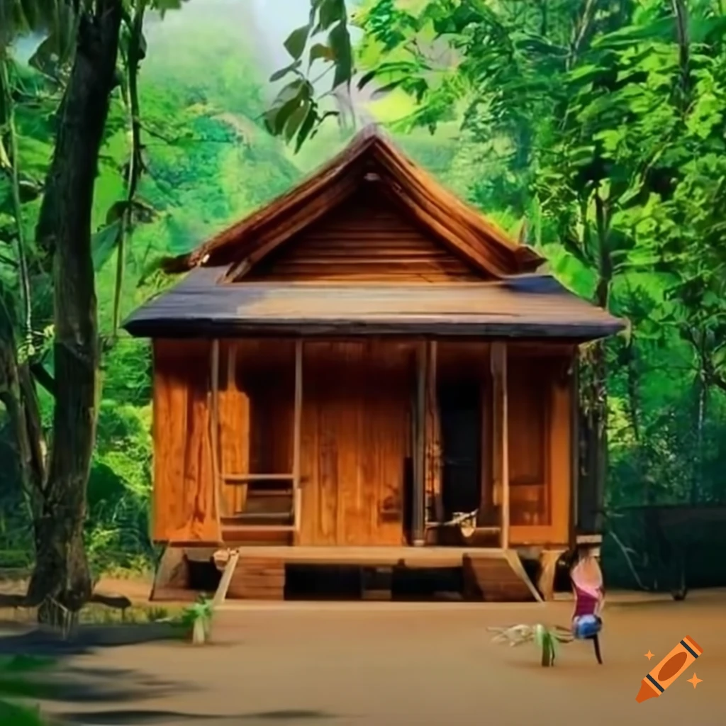 Lao wood house next to forest with 2 bedrooms and small garden on Craiyon