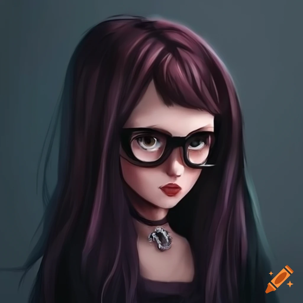 Cute nerdy girl with dark long hair on Craiyon