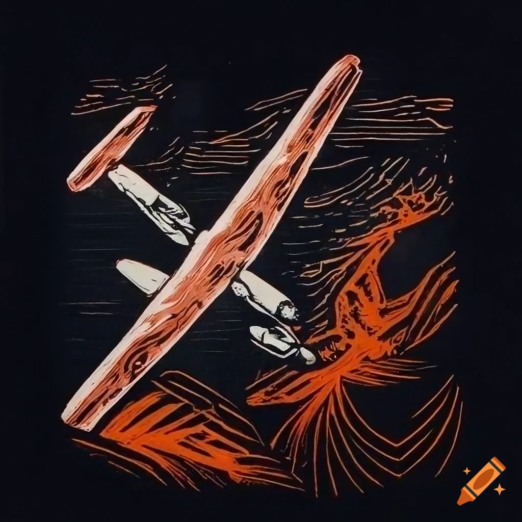 Aeroplane flying high in linocut art style on Craiyon