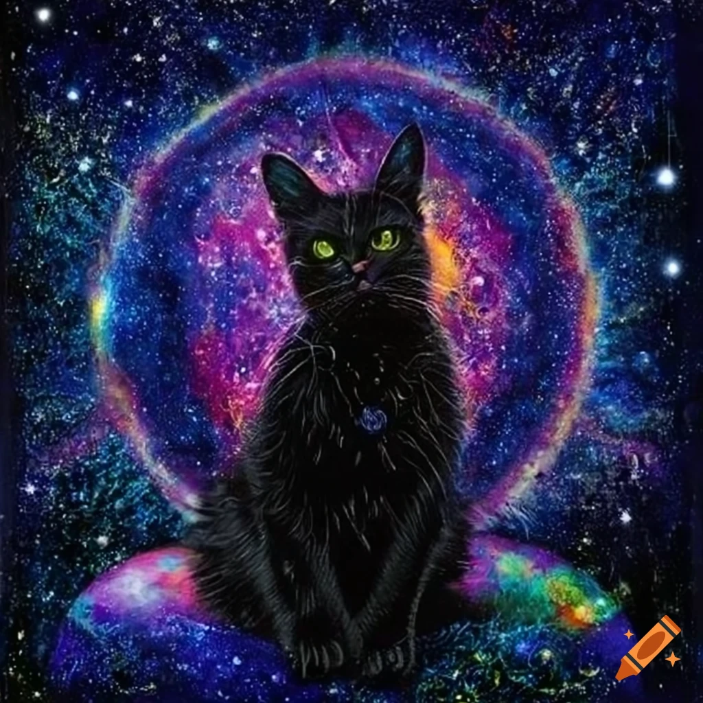 Black cat with cosmic awareness in Josephine Wall style artwork on Craiyon