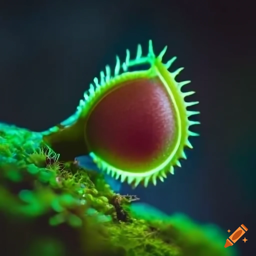 Glowing biopunk Venus flytrap creature in a moss-covered cityscape on Craiyon