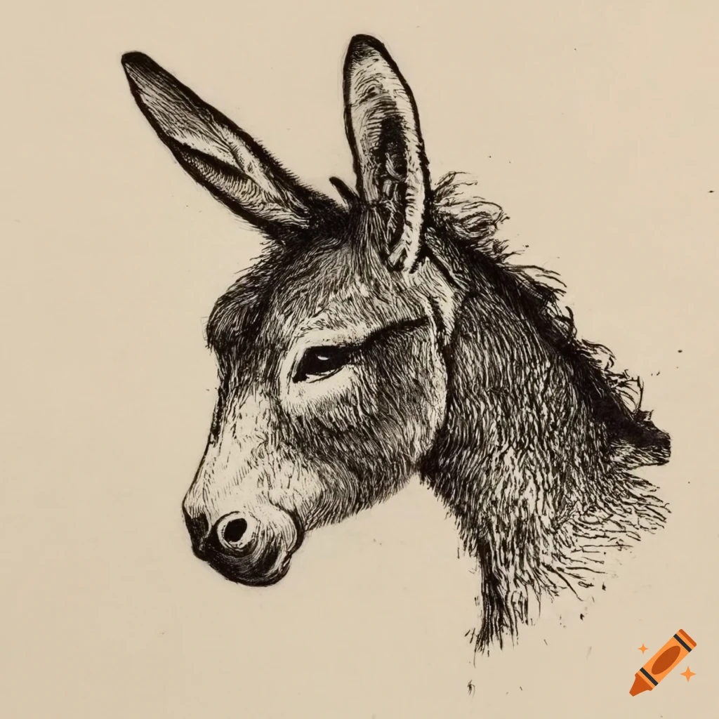 1800s antique pen and ink etching of a donkey sketch on Craiyon