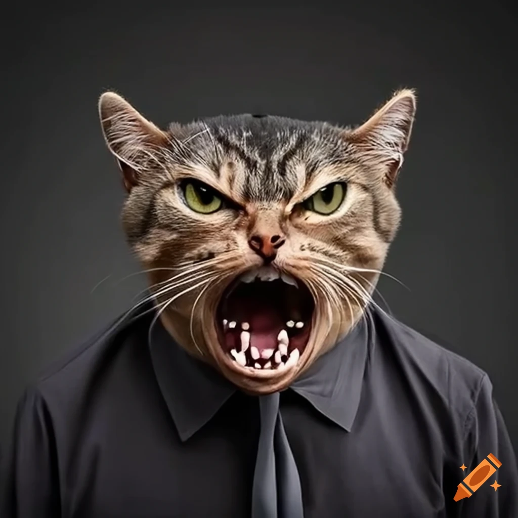Angry office cat wearing a work shirt on Craiyon