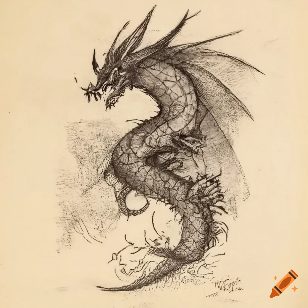 1800s antique dragon pen and ink etching sketch on Craiyon