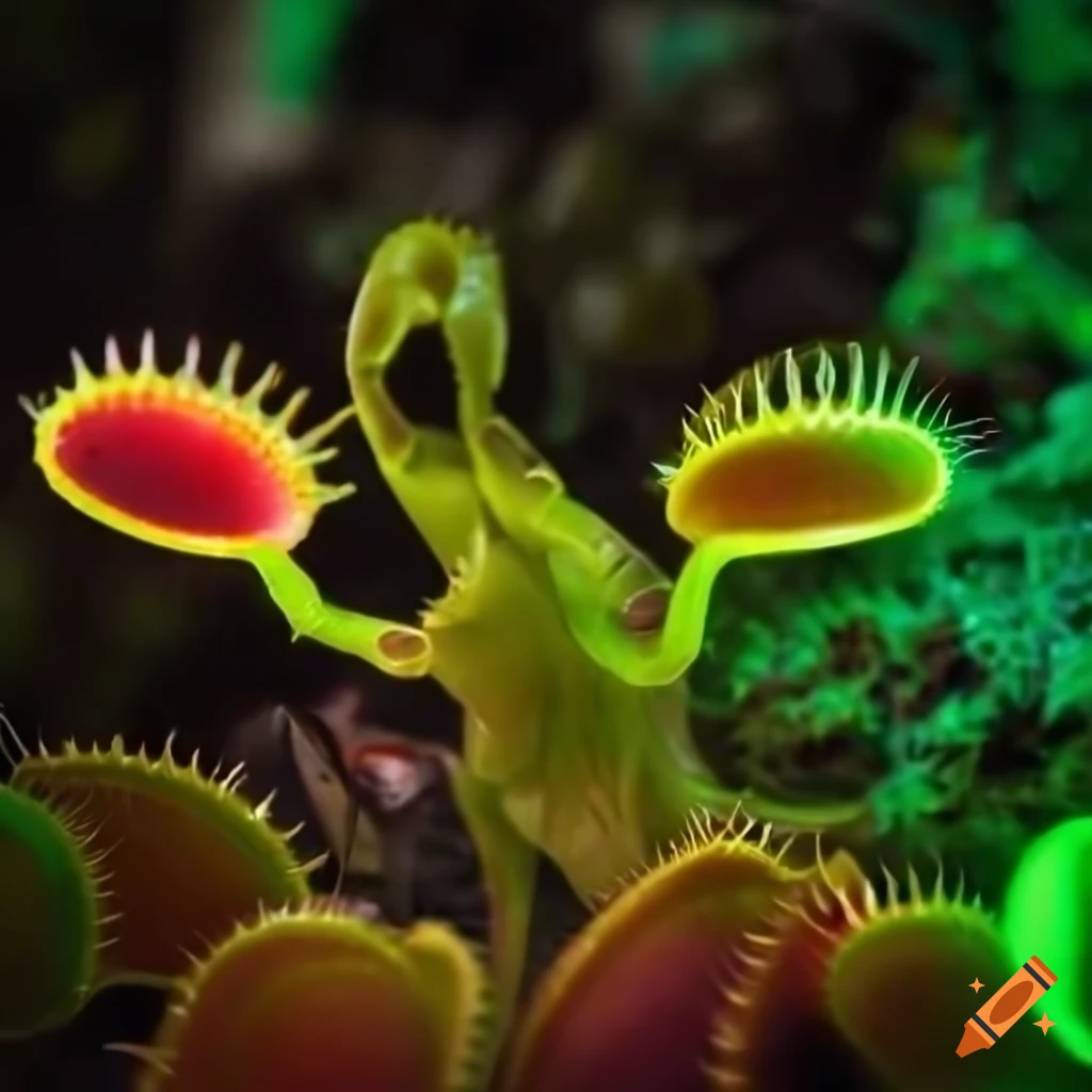 Glowing biopunk venus flytrap creature in a moss-covered cityscape with cybernetic technology on ...