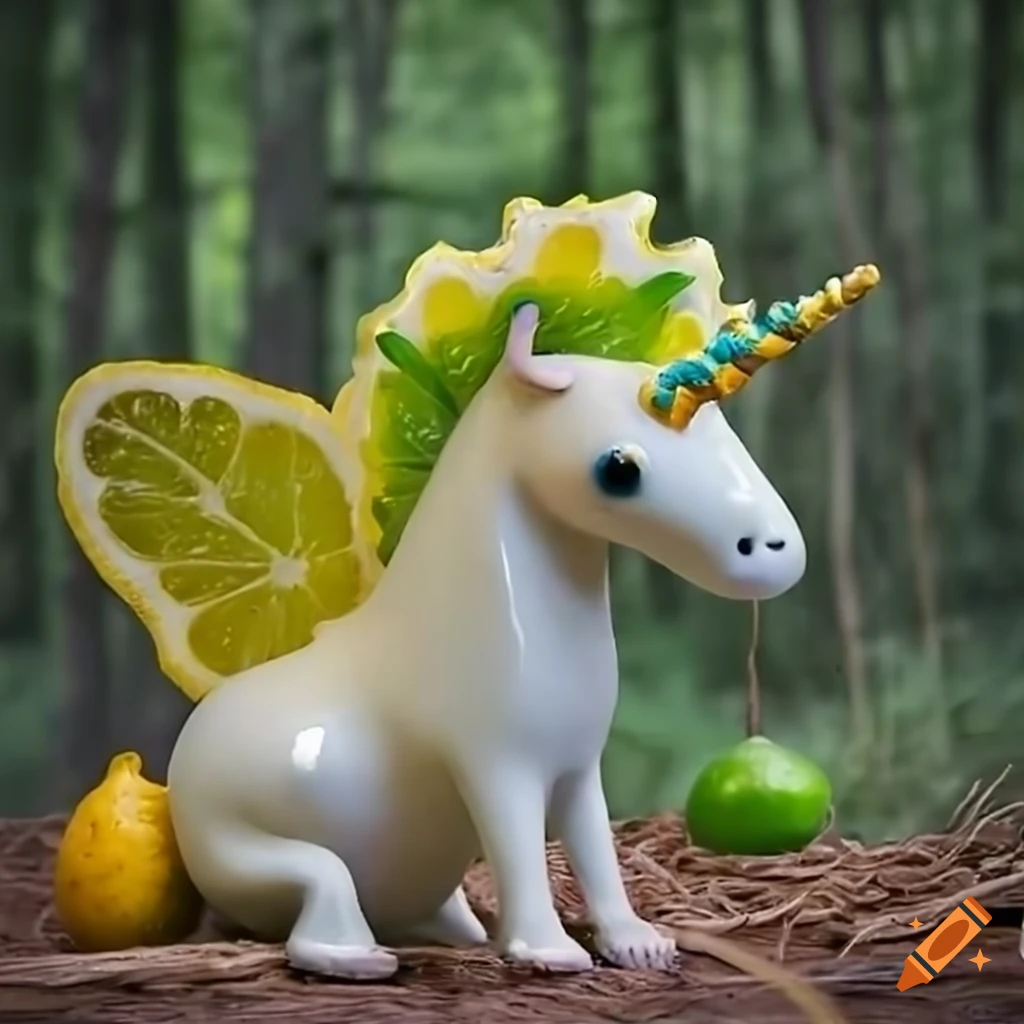 Mythical creatures in a magical forest with a playful mutant lemon ...