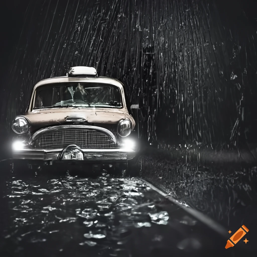 Classic taxi in a dark and rainy night with broken glass on the floor on Craiyon