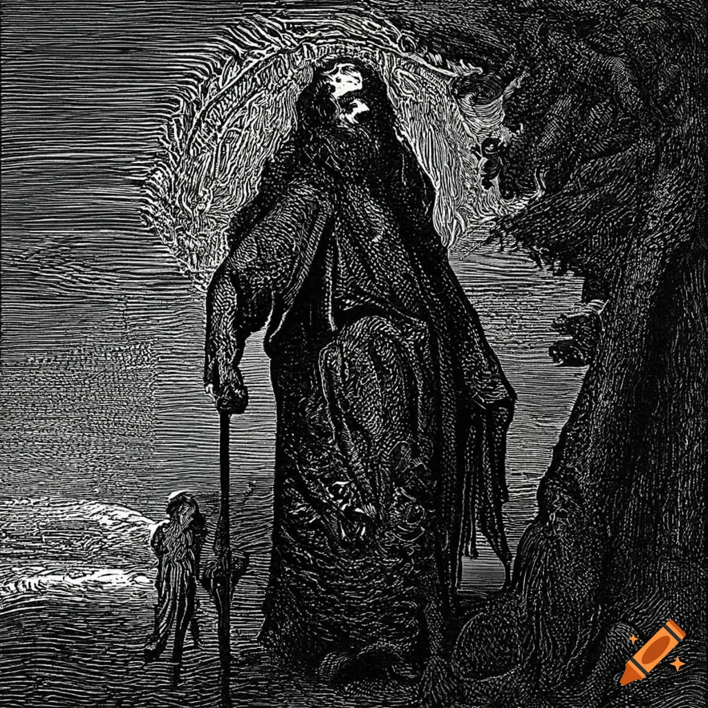 Engraving of the black and white tarot card by Gustave Doré depicting ...
