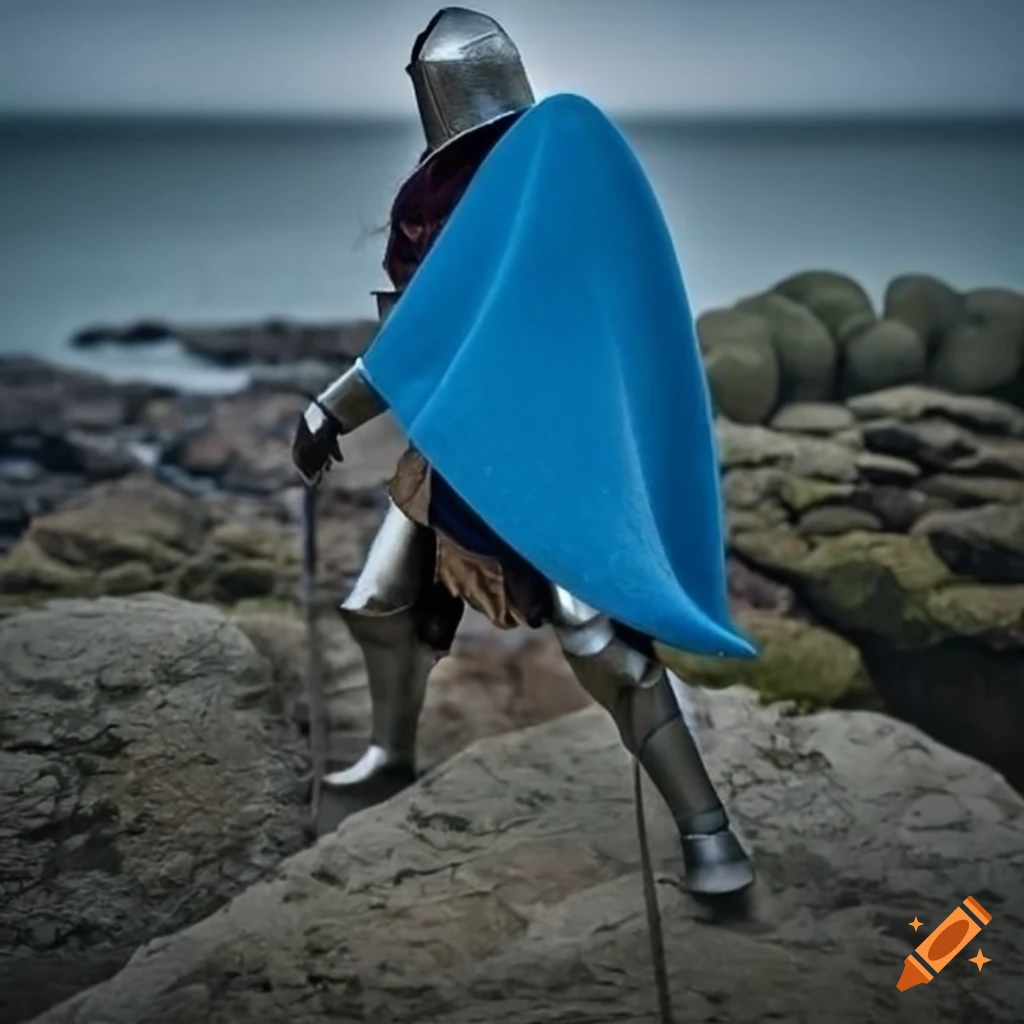 Knight in full armor with blue cape on the coast on Craiyon