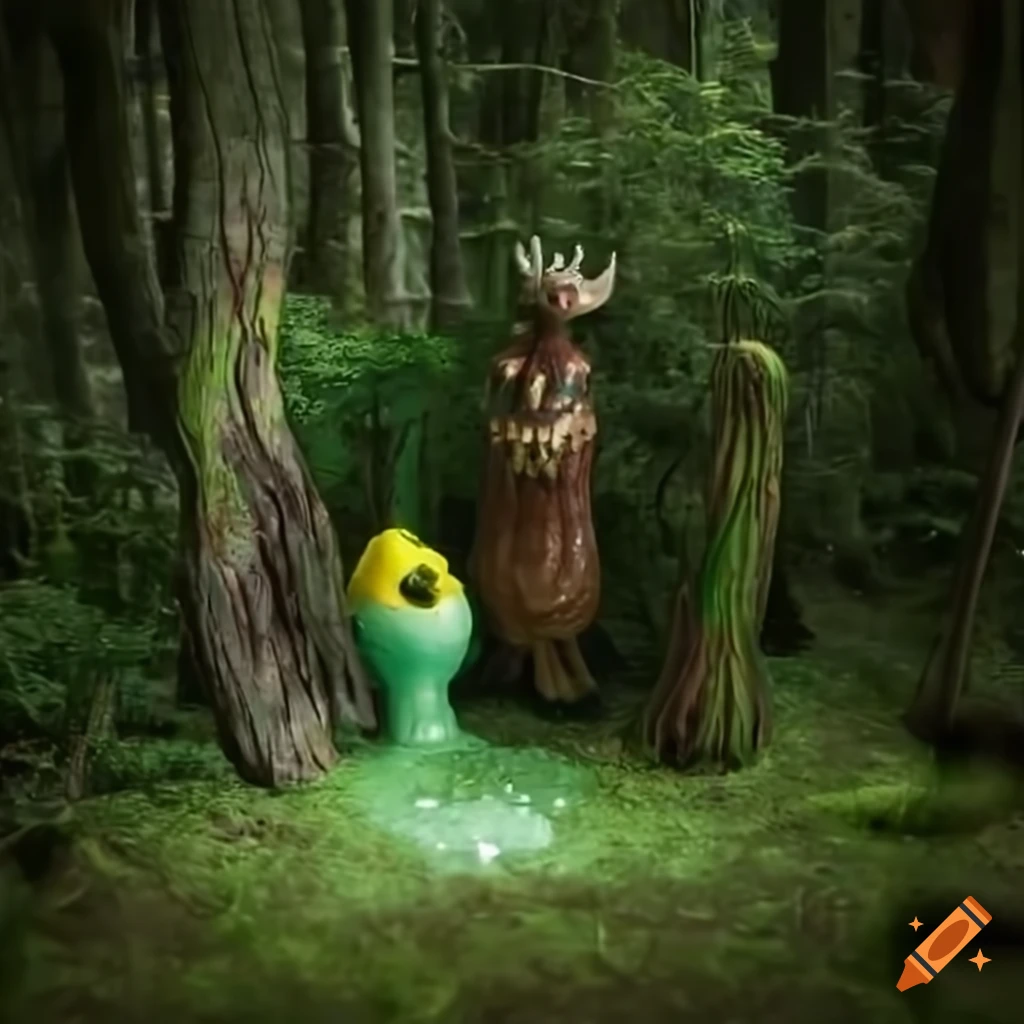 Enchanted forest scene with porcelain fairy and mutant omega mart on Craiyon