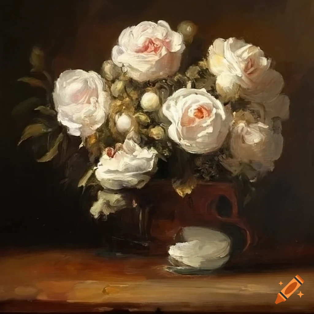 White roses still life in a moody vase landscape from the 1800s on Craiyon