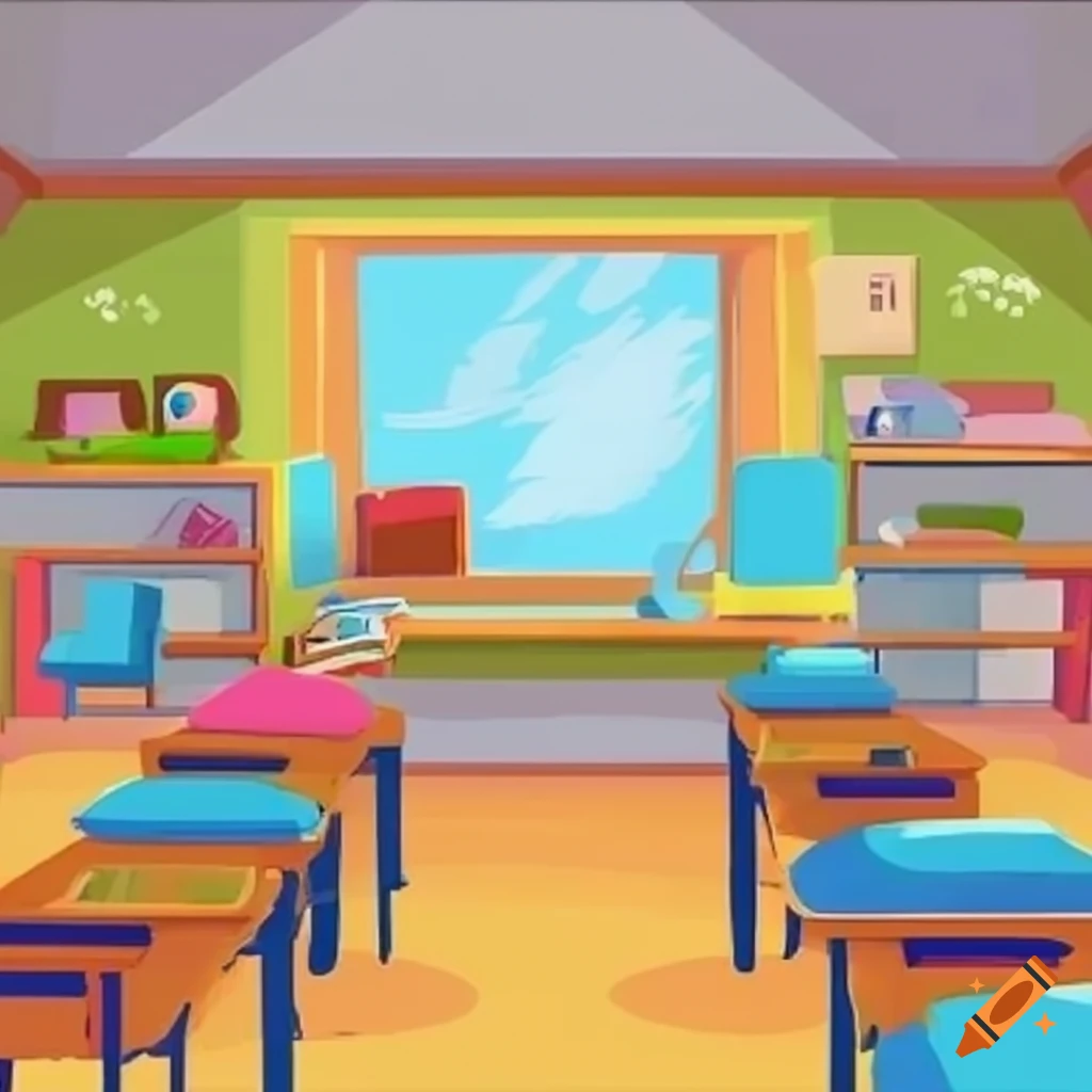 Cartoon style classroom background on Craiyon