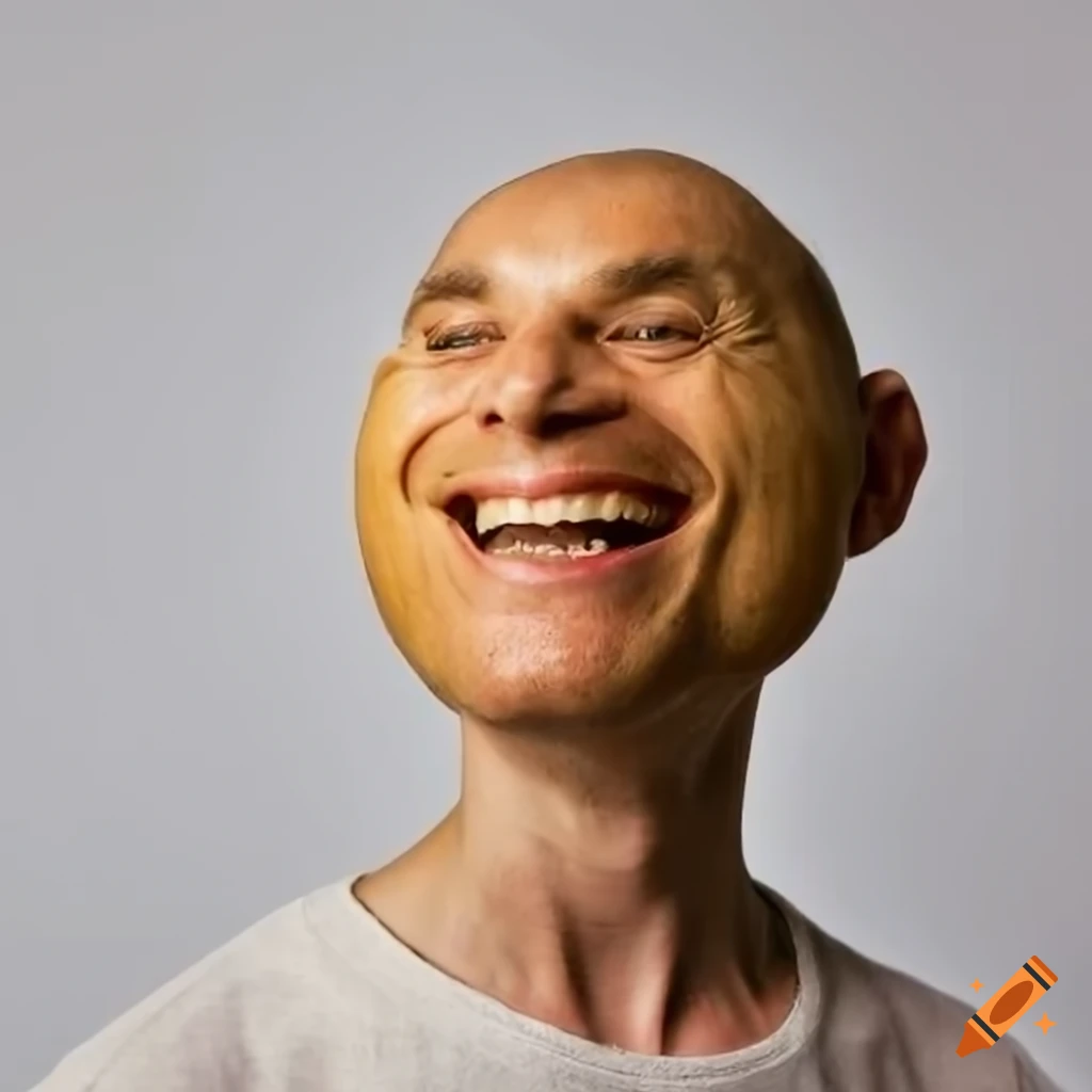 Man with a potato-shaped head smiling on light gray background on Craiyon