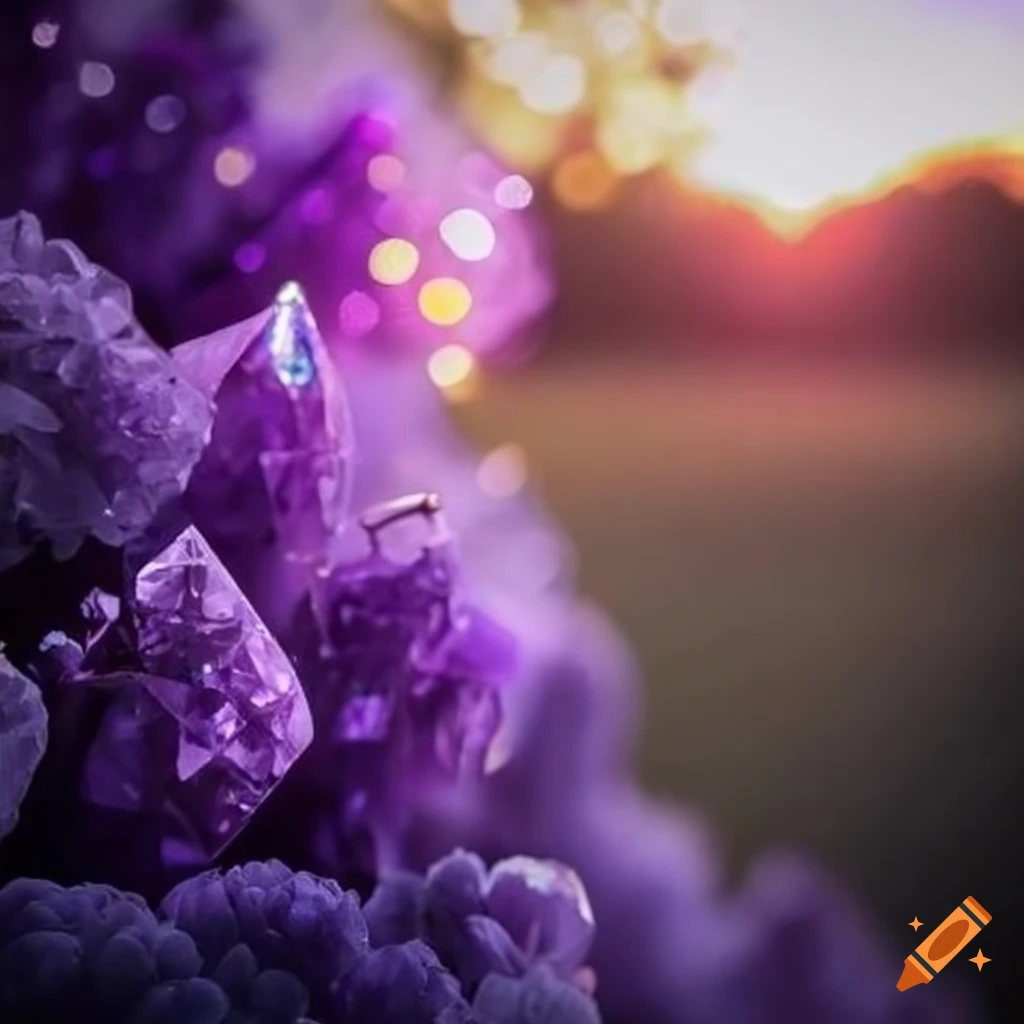 Pastel sunset over an amethyst garden with sparkling crystals on Craiyon