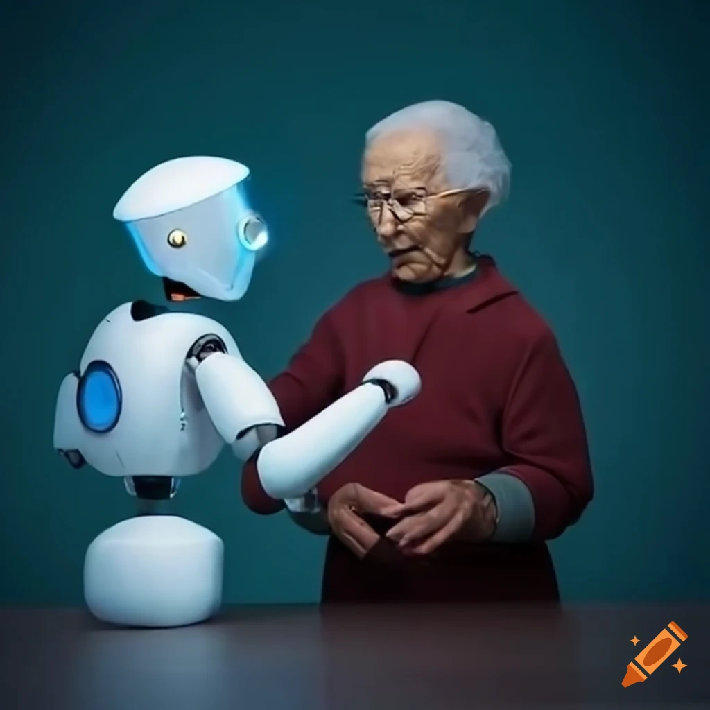 Playful robots interacting with elderly at senior center on Craiyon