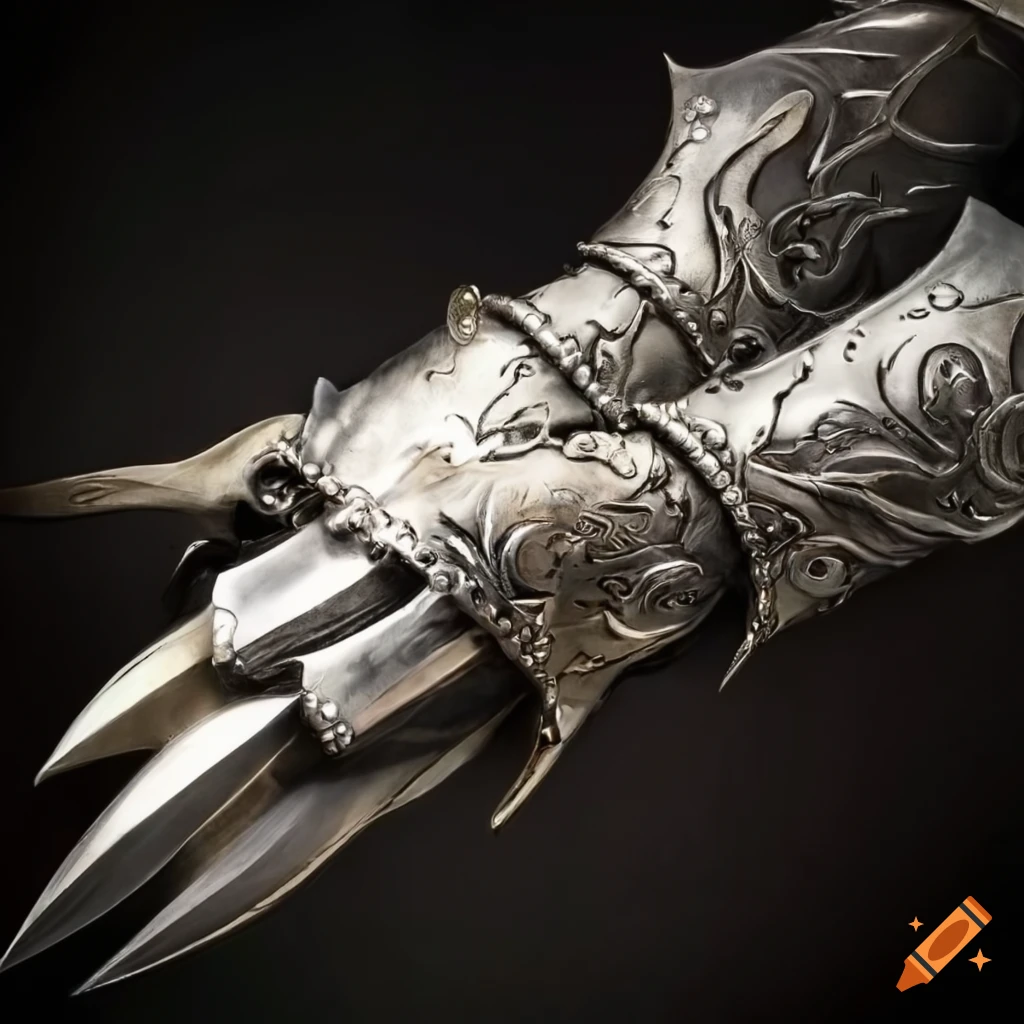 Detailed close-up of silver elven gauntlets with claw-like daggers on ...