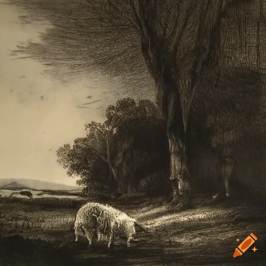 1800s pen and ink etching of a lamb in a field on Craiyon