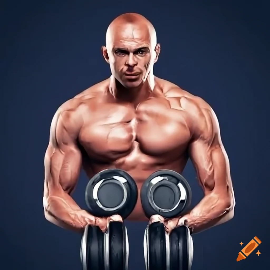 Determined bodybuilder showcasing strength and muscle with weights on ...