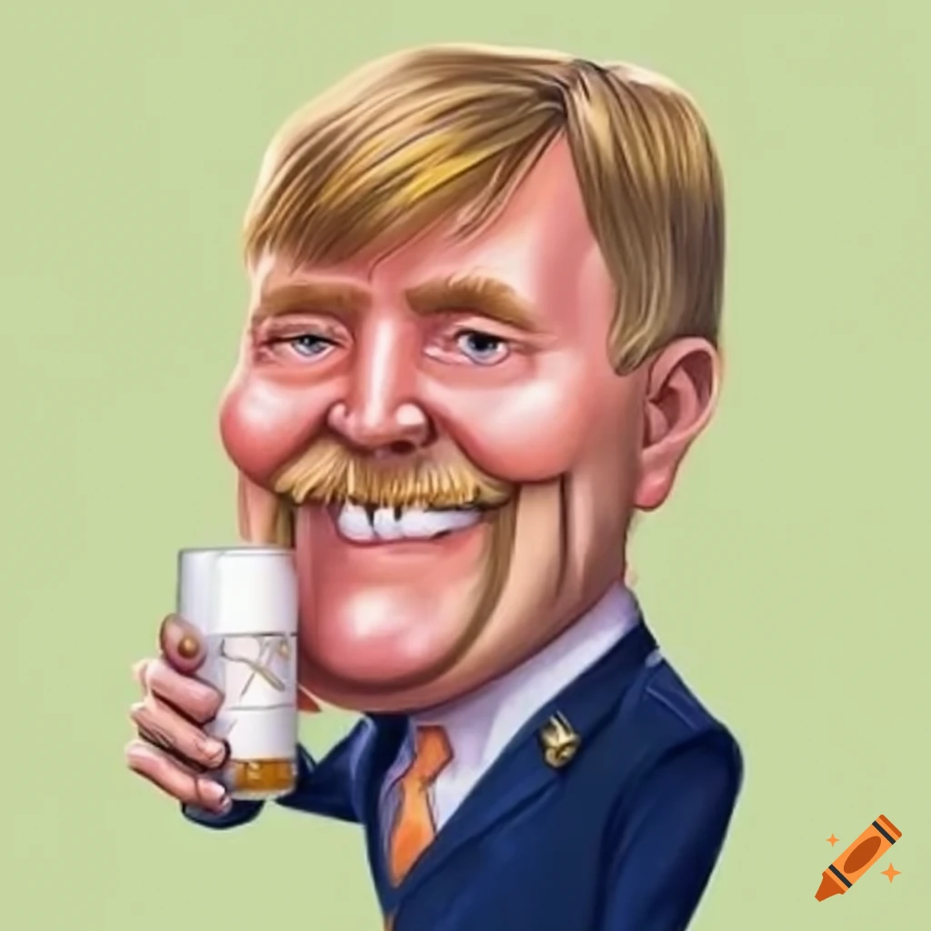 Artistic caricature of King Willem Alexander with humorous details on ...